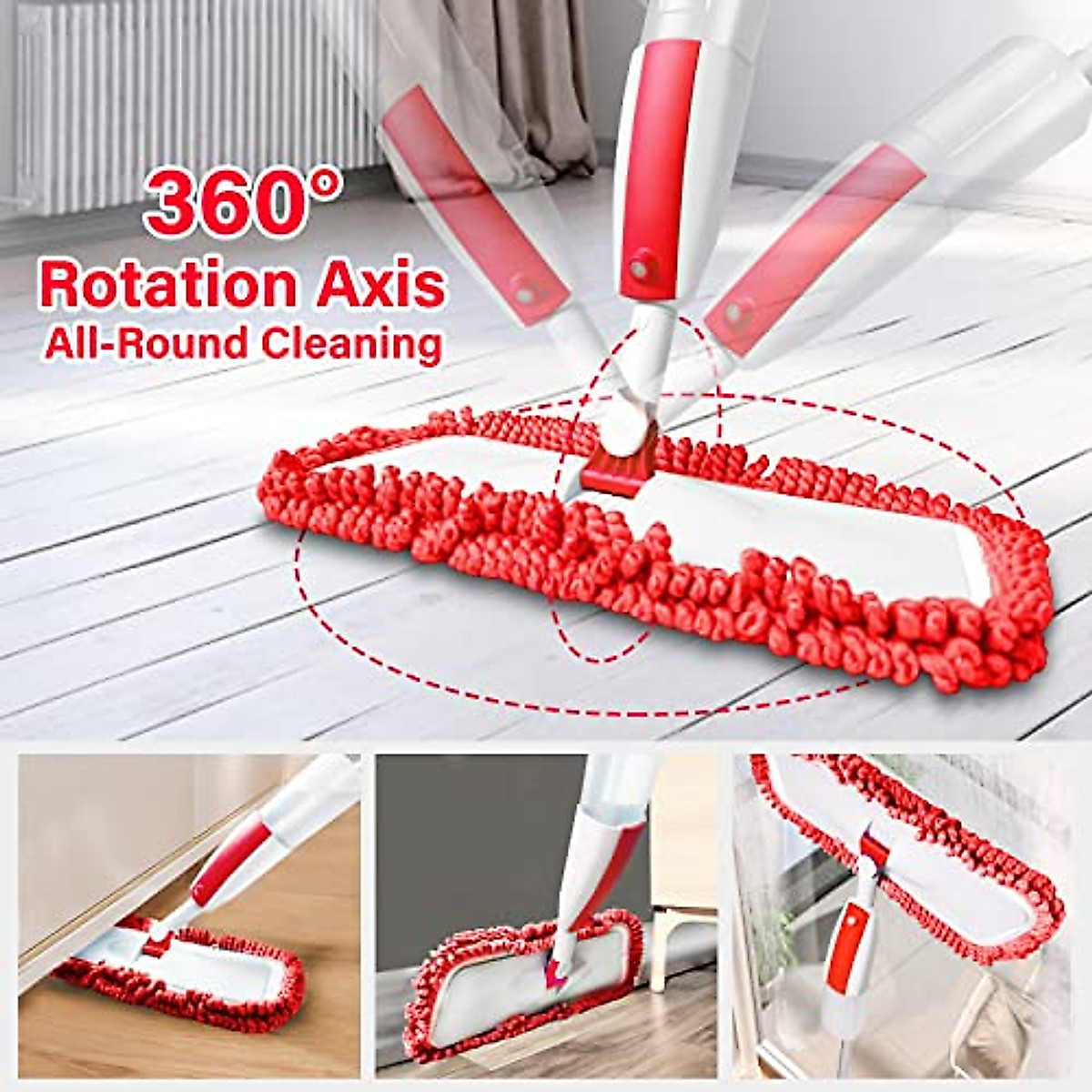 DDSNTY Mops,Spray Mops for Floor Cleaning,Spray Mop with Washable Pad,Kitchen Dry & Wet Mop with 410ML&300ML Refillable Bottle 4 Reusable Washable Pads for Hardwood Laminate Wood Tiles Floor Red…