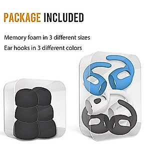 CANOPUS Replacement Earbud Tips and Ear Hooks, 3 Pairs of Black Anti-Slip Memory Foam Tips (S, M, L) + 3 Pairs (White, Black & Blue) of Ear Hooks, Compatible with Apple AirPods Pro