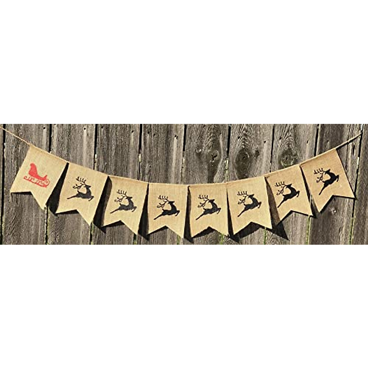 Santa's Sleigh & 7 Reindeer Burlap Banner - Ready to Hang Holiday Decor - Festive Christmas Seasonal Winter Decoration - Santa Sleigh Xmas Party Decorations - Santas Sleigh Garland by Jolly Jon