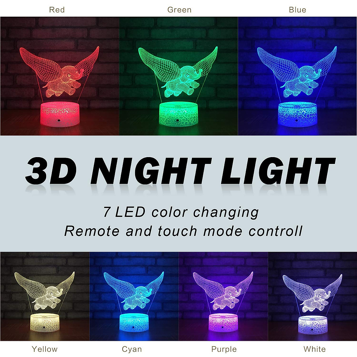 Menzee Elephant 3D Night Light for Kids,3D Lamp Optical Illusion with Remote Control&Smart Touch 7 Colors 16 Colors Changing Elephant Toys 10 9 3 5 2 8 1 7 6 4 Year Old Boy Girl Gifts