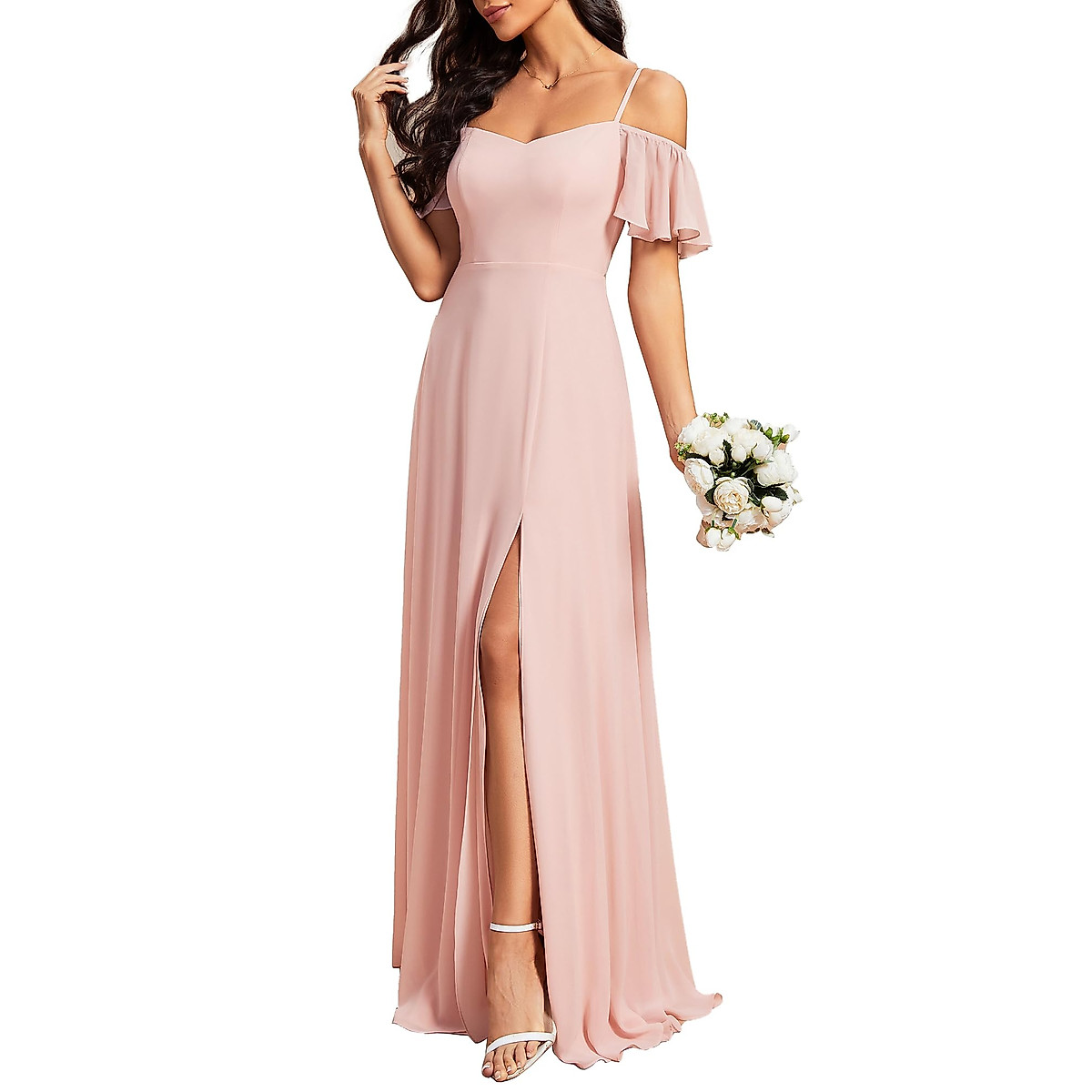 Ever-Pretty Women's Formal Dresses Off Shoulder Short Sleeve Split A-Line Floor Length Bridesmaid Dresses Pink US14