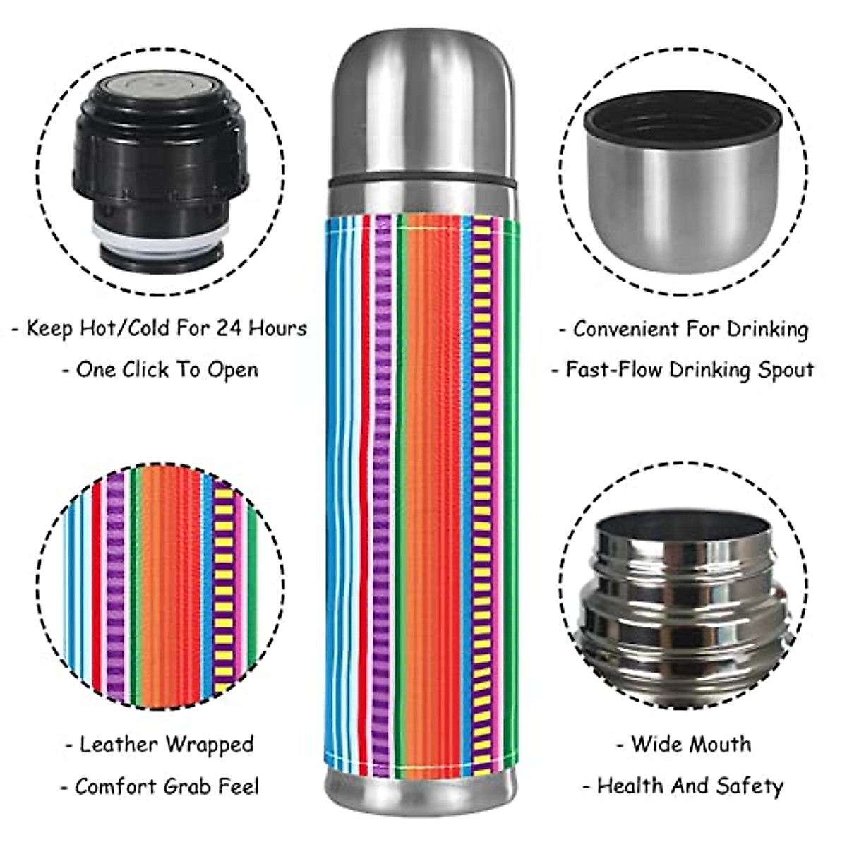 Colorful Boho Stripe Colorful Stainless Steel Coffee Thermos, Double Walled Insulated Water Bottle for Outdoor Sports, Office, Car (17 OZ/500ML)