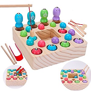 Montessori Toys for Toddlers Wooden Fishing Game Fine Motor Skill Autism Toys Occupational Therapy Learning Magnet Fishing Pole Clamp Chopsticks Preschool Math Game for Kids Age 3 4 5 6 Year Old