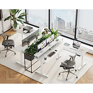 AODK Electric L-Shaped Standing Desk, Height Adjustable Office Desk with Monitor Stand, Sit-Stand Desk with Power Outlets, Large Lift Table for Home, Office, Workstation, White