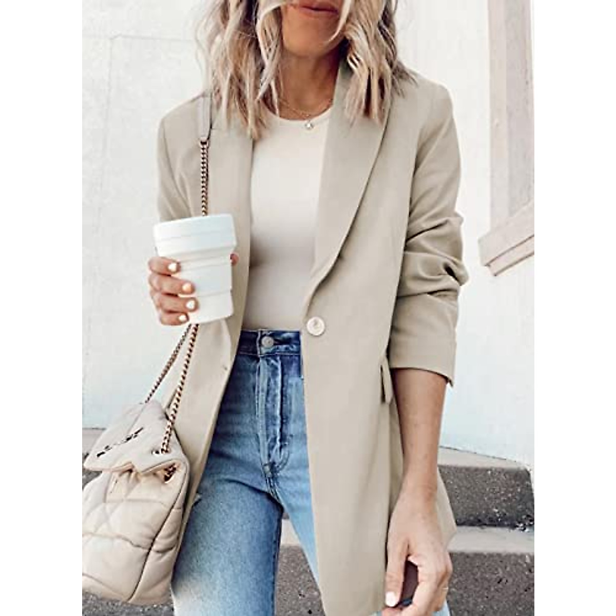 Dokotoo Women's Blazers & Suit Jackets Open Front Buttons Fashion Jacket Solid Color Work Office Spring Blazer Jackets for Women Business Casual Khaki Large