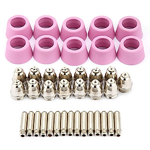 40pc Plasma Cutter Cutting Torch Kit,Electrode Nozzles Tip Accessory with 10 Ceramic Shield Cups,15 Electrodes and 15 Nozzles for SG55, AG60 Flashlight