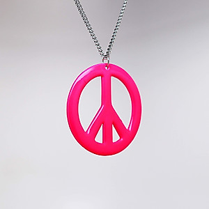 Real Metal Hot Pink Hippie Peace Sign Pendant Necklace Enamel on Pewter Cosplay Jewelry