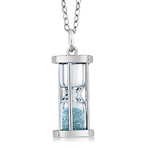 Gem Stone King 925 Sterling Silver Diamond & Gemstone Birthstone Dust Hourglass Necklace For Women With 18 Inch Silver Chain - Sky Blue
