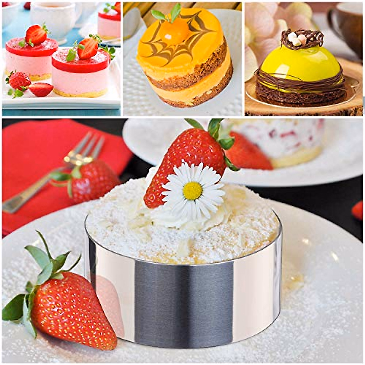 HULISEN Round Cake Ring Mold, Stainless Steel 3 inch Dessert Mousse Molds with Pusher & Lifter Cooking Rings, Tuna Tartare Mold (Include 4 Rings and 1 Pusher)