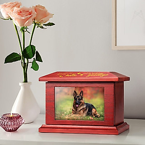 TJ. MOREE Pet Urns for Dog Ashes, Memorial Gifts for Loss of Cat, Personalized Wooden Cremation Urn with Photo Frame, Keepsake Memory Box with Black Flannel Bag for Pet up to 100 Pounds