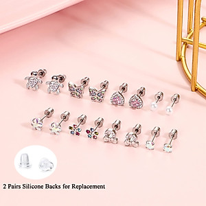 ZELORES 8 Pairs Screwback Earrings for Women Pink CZ Heart Turtle Stud Earrings Stainless Steel Cute Pearl Butterfly Screw Back Earrings Set