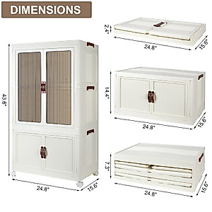 FozsKeylf Stackable Closet Storage Bins, Collapsible Clothes Organizers, Portable Wardrobe Closet with Lids and Doors, Movable Clothes Storage with Coat Hangers, White