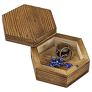 MyGift 3 Inch Brown Solid Wood Wedding Ring Box, Hexagon Shape Trinket Box and Ring Holder, Small Jewelry Gift Box