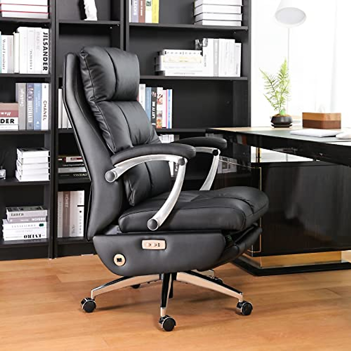 LEAGOO Automatic Executive Office Chair High-Back Electric Reclining Office Chair with Footrest, Ergonomic Computer Desk Chairs with Wheels and Linkage Arms Swivel Rolling Chair with Genuine Leather