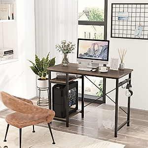 Engriy Writing Computer Desk 39", Home Office Study Desk with 2 Hooks and Storage Shelves on Left or Right Side, Industrial Simple Workstation Wood Table Metal Frame for PC Laptop, Black Oak