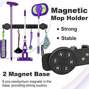 Magnetic Mop Broom Holder, Heavy Duty Magnetic Mop Hanger with 4 Hooks for Cleaning Tools, Strong Magnetic Tool Hanger Organize System Utility Rack for Refrigerators Laundry Garage Kitchen