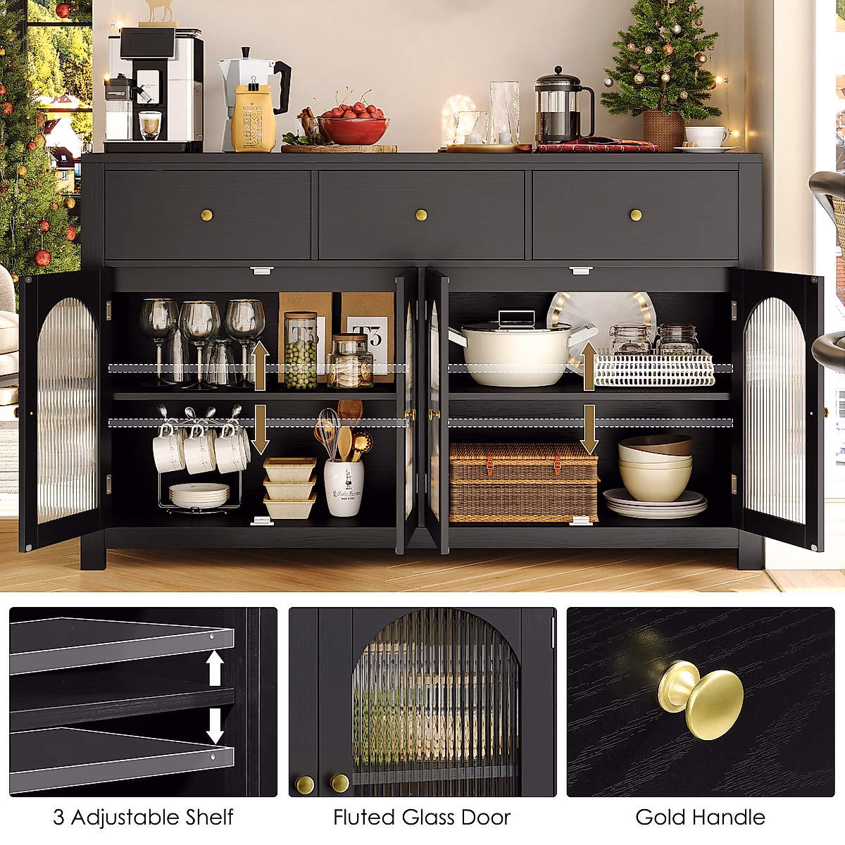 FINETONES Buffet Cabinet with Storage, 55.1" Large Sideboard Buffet Farmhouse Kitchen Cabinet with 3 Drawers and 4 Doors, Wood Coffee Bar for Kitchen, Black