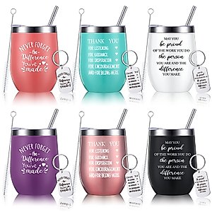 6 Sets Teacher Appreciation Gifts Employee Appreciation Gifts for Coworkers Bulk Thank You Gifts for Women Men 12 oz Insulated Wine Tumblers with Lids Straws and Stainless Steel Keychains for Teacher