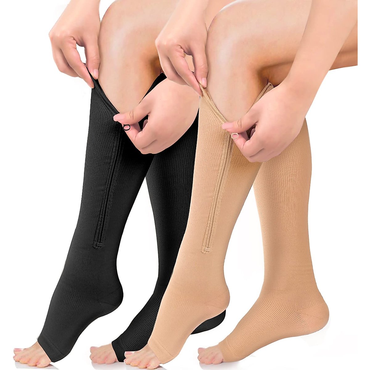 2 Pairs Compression Socks Toe Open Leg Support Knee High Socks with Zipper (Nude+Black, S/M) …