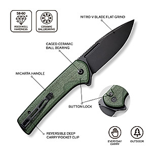CIVIVI Pocket Knife for EDC, Conspirator Button Lock Folding Knife 3.48" Nitro-V Blade, Green Micarta Handle C21006-2