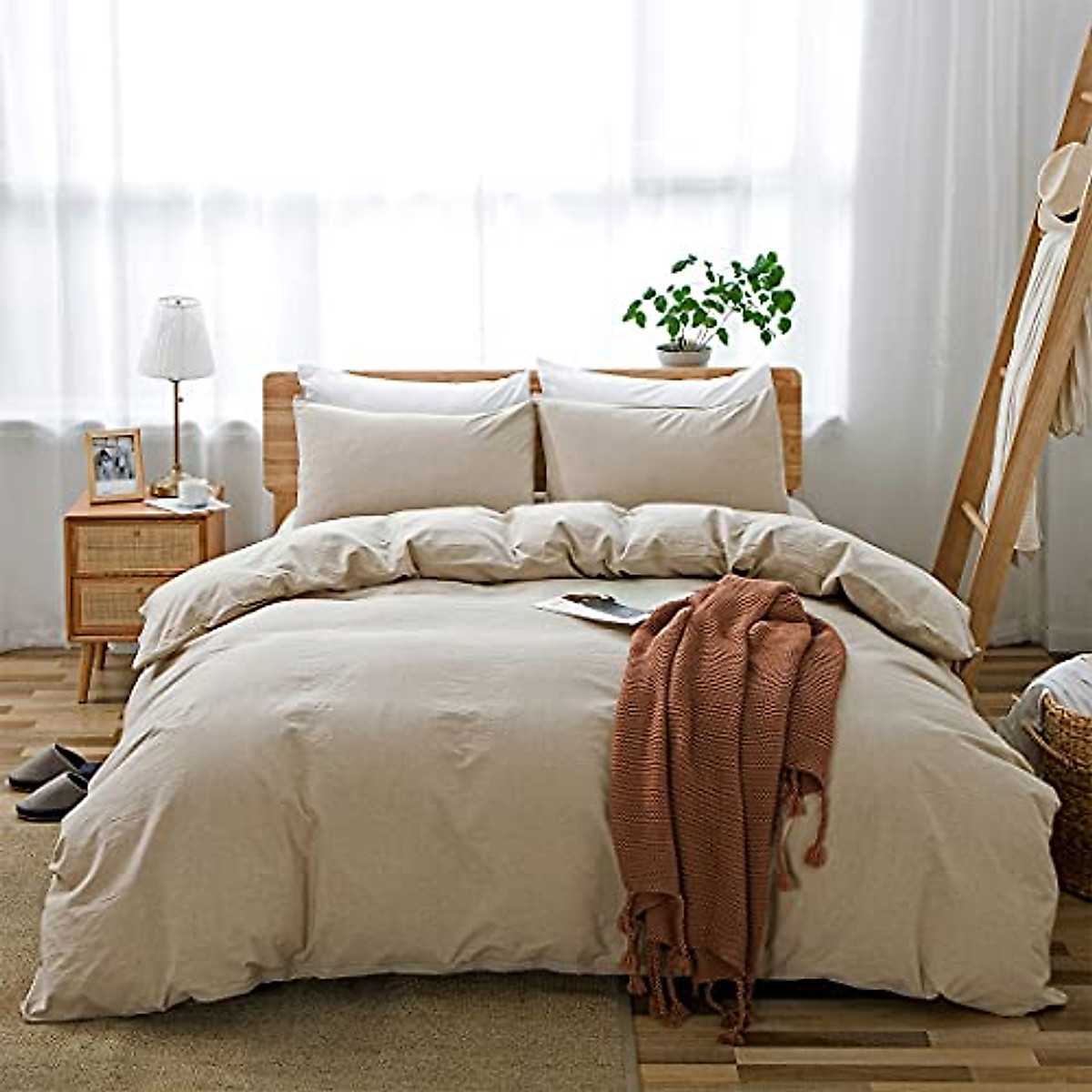 LOVQUE 100% Washed Cotton Duvet Cover Queen Size, Beige Fade-Resistant Linen Like Natural Bedding Set (No Comforter), 90x90 Inches