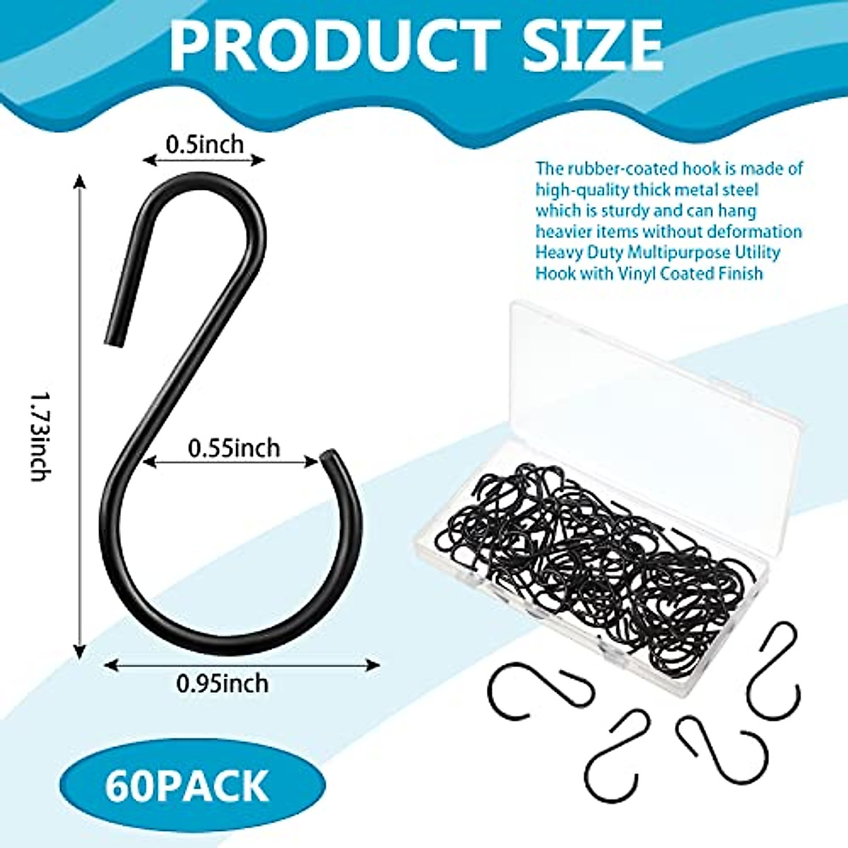 60 Pcs S Hooks Mini S Shaped Heavy Duty Metal Hooks for Hanging Plants Pots Pans Mugs Clothes Towels Kitchen Closet Rod Hooks Small S-Hooks 1.8 Inch S Hooks Bulk (Black)