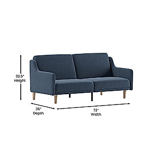 Flash Furniture Delphine Convertible Split Back Sofa Futon - Navy Faux Linen Upholstery - Solid Wood Legs - Curved Armrests - Sleeper Couch for Small Spaces