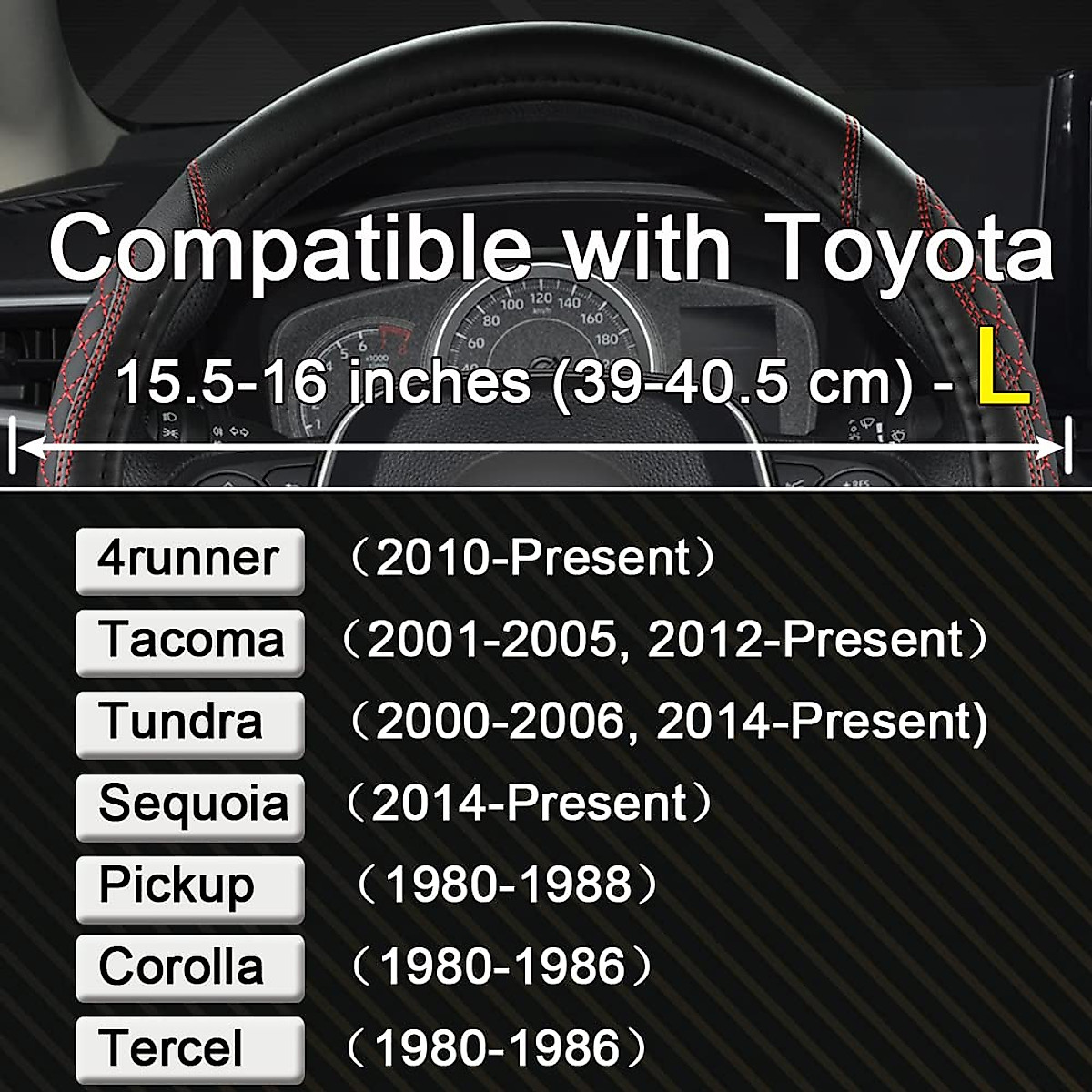 West Llama Customized Auto Car Steering Wheel Cover for Toyota Tacoma,4Runner,Tundra,Sequoia,15.5-16 inch(Diamond Quilted-Black+Red-Large Size)