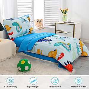 Wowelife 4 Pieces Toddler Bedding Sets for Boys Blue Toddler Bed Sheets Sets Kids Dino Toddler Comforter Set Soft Breathable with Quilted Comforter, Flat Sheet, Fitted Sheet and Pillowcase, Dinosaur