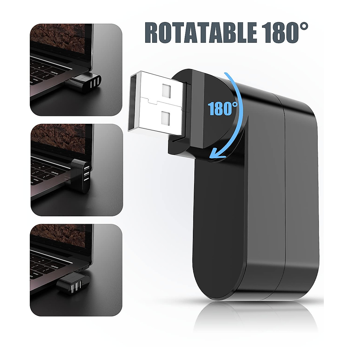 USB Port Splitter,3 port USB 2.0 hub Dock [90°/180° Degree Rotatable] for for Windows Laptop, Xbox, Wii,PS3, PC, MAC, Mac Book, Tablet, Tab - Black