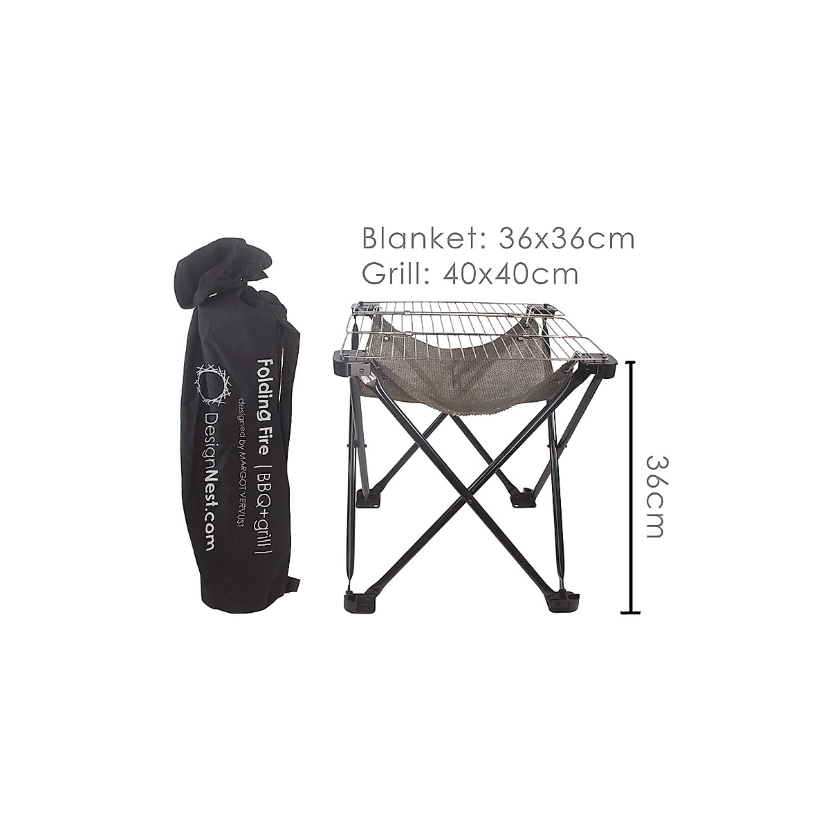 DesignNest, FoldingFire BBQ Grill, Foldable, Portable Firepit with Stainless Steel Cooking Grate, Campfire, Outdoor Fire Pit, Bonfire, Backyard Fireplace, Carrying Bag Included, Medium, Black