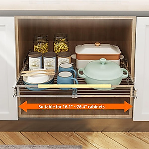 Redrubbit Expandable Pull Out Drawers Cabinet Shelf Organizer, Heavy Steel Metal Wire Slide Out Kitchen Pantry Organizer Storage Shelf, Adjustable Width 16.3~26.3"x17.3" D