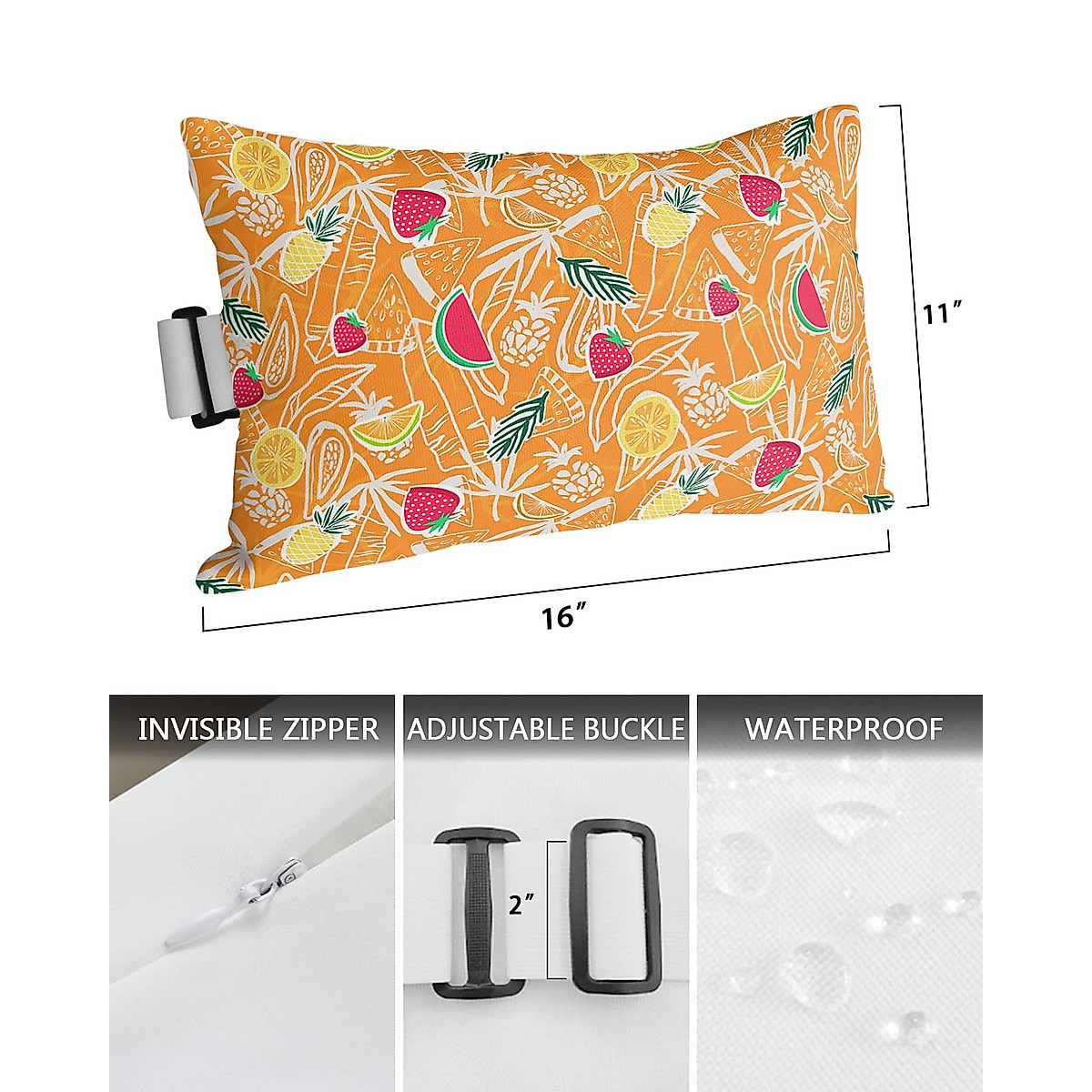 Outdoor Lumbar Pillow Set of 2, Summer Fruits Waterproof Beach Headrest Pillow with Inserts, Orange Tropical Botanical Recliner Throw Pillow Cushion for Patio Furniture, 11" x 16"