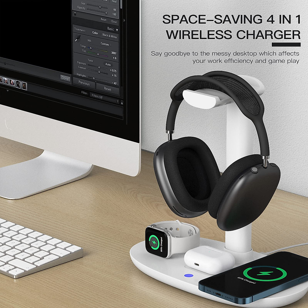 Headphone Stand with 15w Wireless Charger, Suguder 4 in 1 Charging Station Headset Holder for AirPods Max/Pro/4/3/2 iWatch 10/9/8/7/6/5/4/3/2/1/SE iPhone 16/15/14/13/12/11/X for Desktop Table Game
