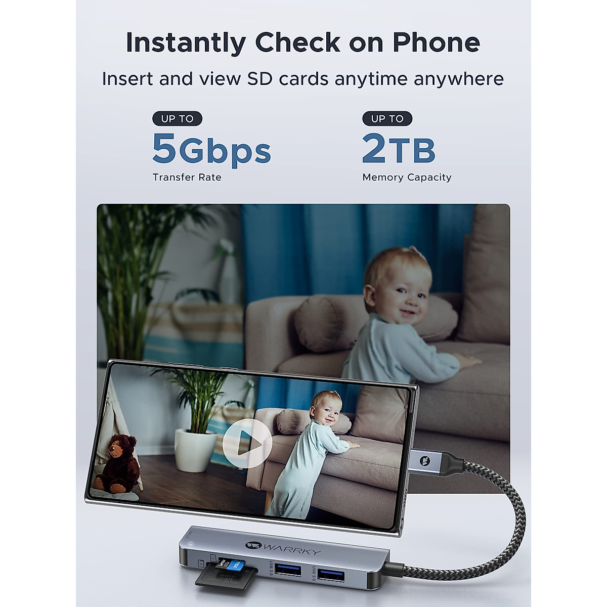 WARRKY USB C Hub, 5 in 1 SD/Micro SD Card Reader Adapter [Read 5 Ports Simultaneously, 3 Highspeed USB 3.0] 2TB Capacity OTG Compatible with iPhone 15 Pro, Samsung Galaxy, MacBook Pro/Air, iPad -Gray