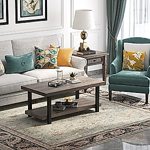charaHOME Coffee Table Rustic Vintage Industrial Design Sturdy Metal Frame Legs Sofa Table Cocktail Table with Storage Bottom Open Shelf for Living Room, Easy Assembly, 42"x 22", Gray Brown