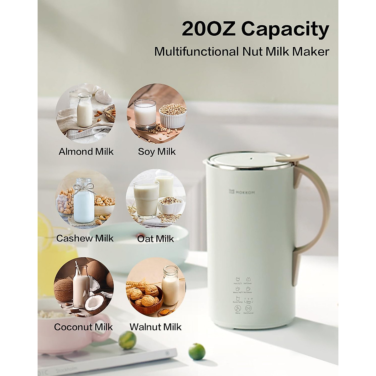 MOKKOM Automatic Nut Milk Maker, 20 oz Soy Milk Maker, Homemade Almond, Oat, Coconut, Soy, Plant-Based Milk and Dairy Free Beverages, Almond Milk Maker with Delay Start/Boild Water/Self Clean - Green