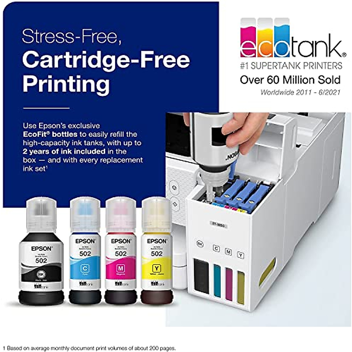 Epson EcoTank Wireless Color All-in-One Cartridge-Free ET-3850 Supertank Inkjet Printer for Home Office, Scanner, Copier, ADF and Ethernet, Mobile Printing, with Bonus Black Ink Bottle & USB Cable