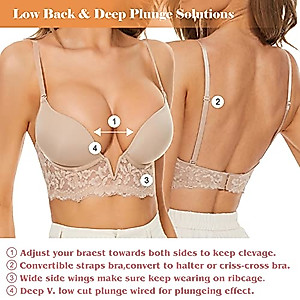 Women's Plunge Deep V Low Cut Lace Push Up Bra Underwire Convertible Low Back Bra Khaki