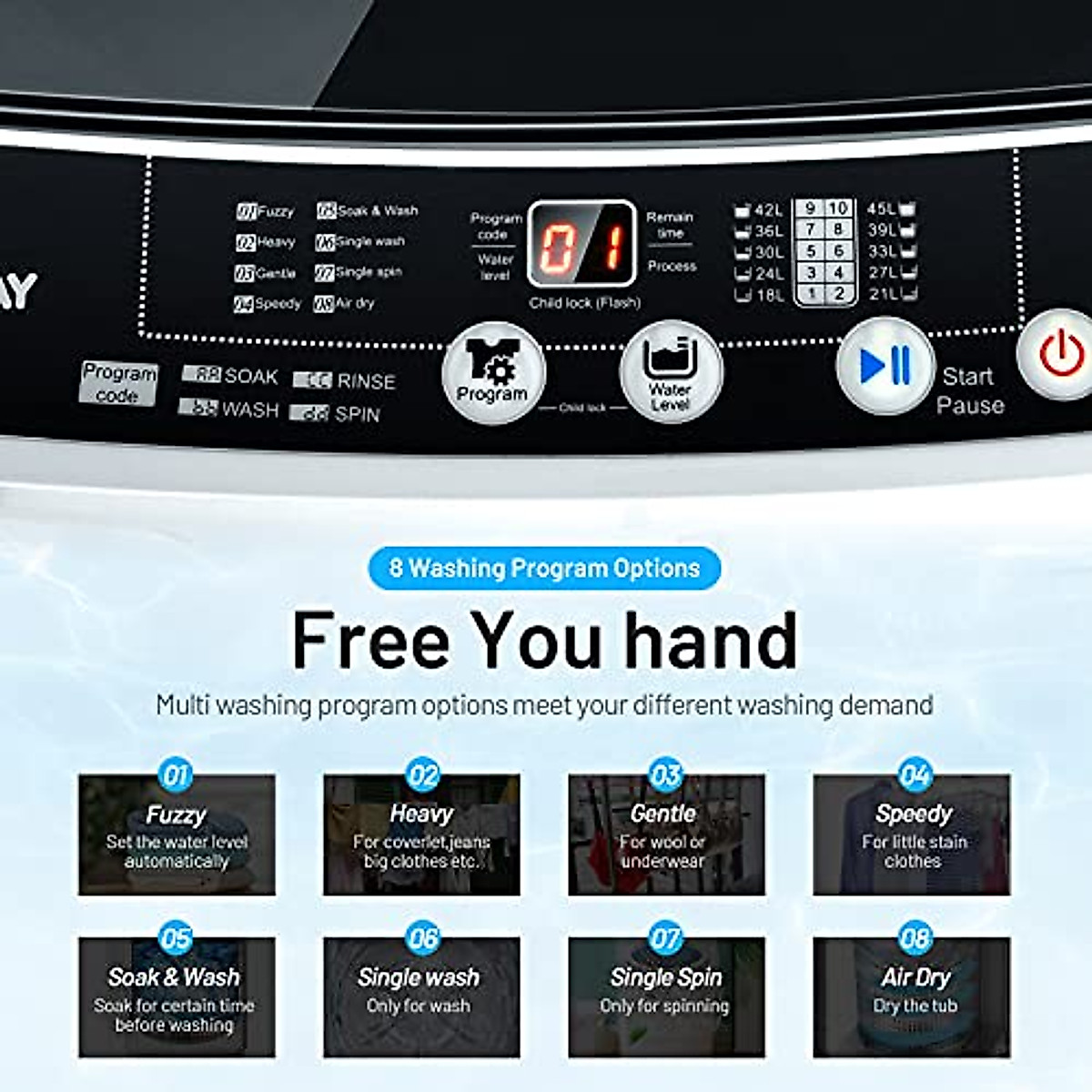 Mayjooy Portable Washing Machine, 1.5 cu.ft Full-Automatic Washer w/11lbs Capacity, 8 Wash Programs & 10 Water Levels, Compact Laundry Washer and Dryer Combo, Top Load Washer for Apt/Dorm (White)