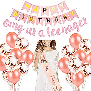13th Birthday Decorations for Girls Rose Gold Sash Tiara Crown Cake Topper Banner Balloons for 13 Years Old Birthday Party Supplies