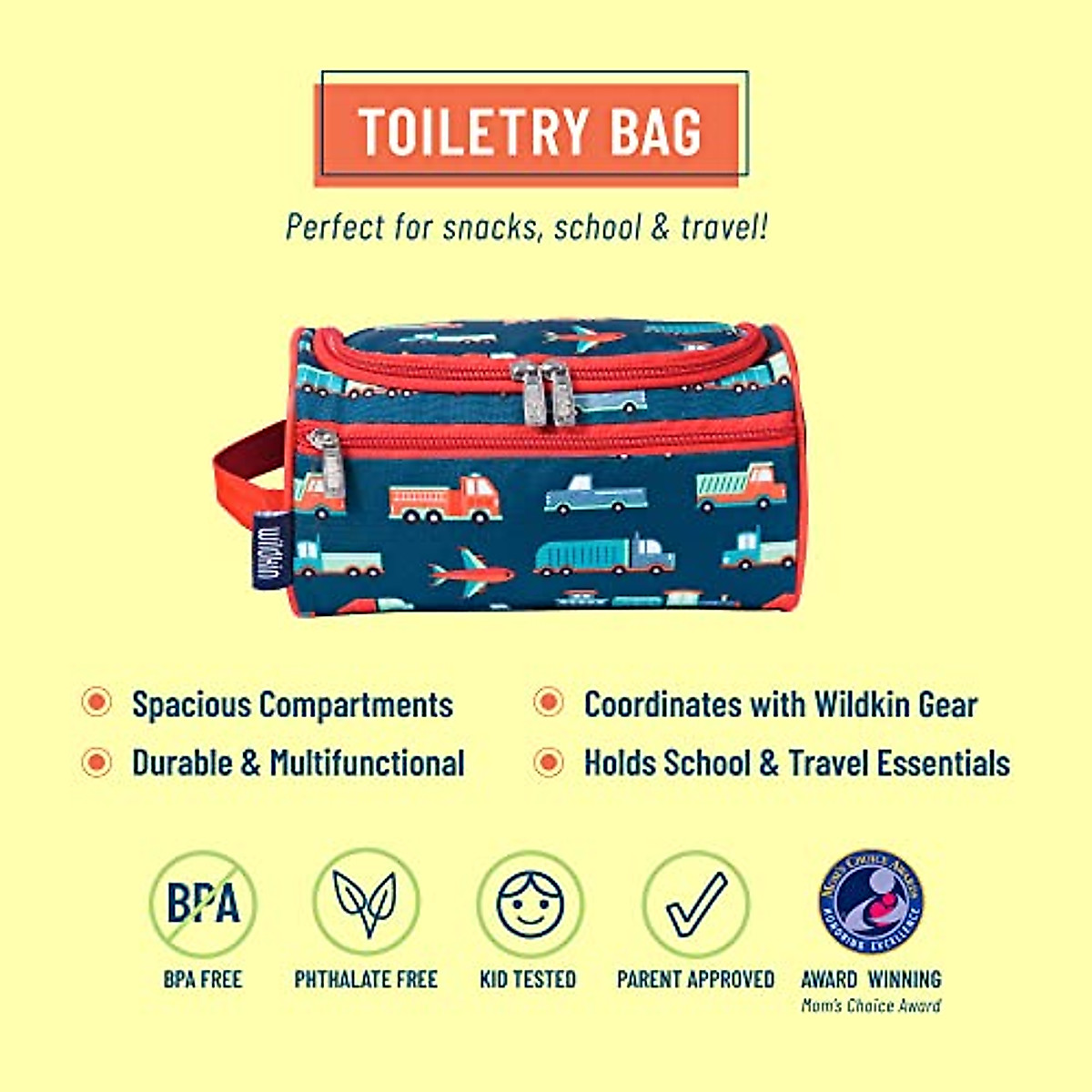 Wildkin Toiletry Bag for Boys, Girls, and Adults, Toiletry Bags Measures 9.5 x 5 x 5 Inches, Multifunctional, Spacious and Ideal Sized for Weekend or Overnight Travel Bag, BPA-free (Transportation)
