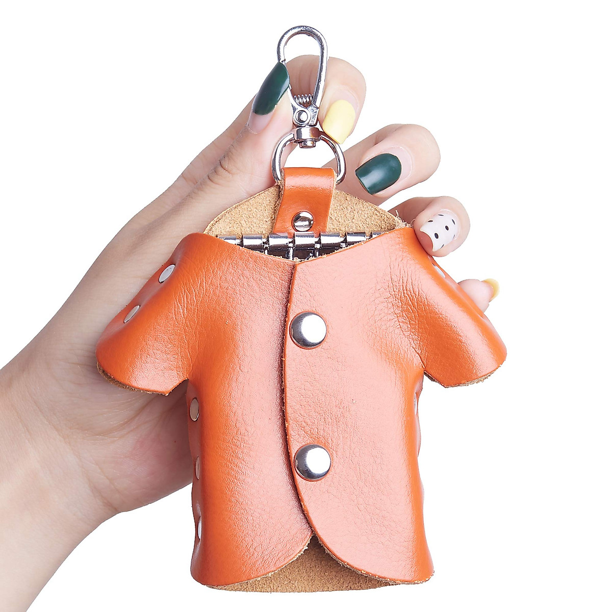 Car Genuine Leather Key Chain Car Smart Keychain Holder Metal Hook Key Pouch-Orange
