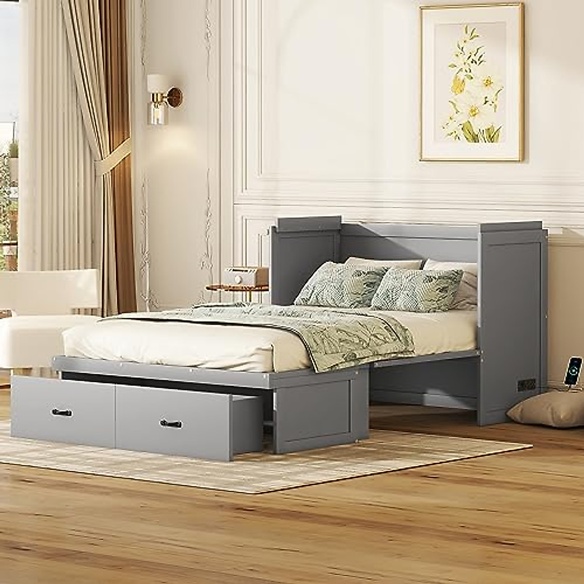 Full Size Murphy Bed with USB Port and Storage Drawers, Wood Full Platform Bed Frame with Charging Station, Full Murphy Bed for Bedroom Murphy Bed Cabinet Murphy Chest Bed (Gray)