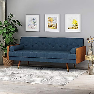 Great Deal Furniture Aidan Mid-Century Modern Tufted Fabric Sofa, Navy Blue and Dark Walnut