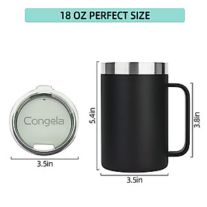 Congela 18oz BLACK stainless steel insulated coffee mug with handle, tea cup with clear Tritan lid(Black,18oz)