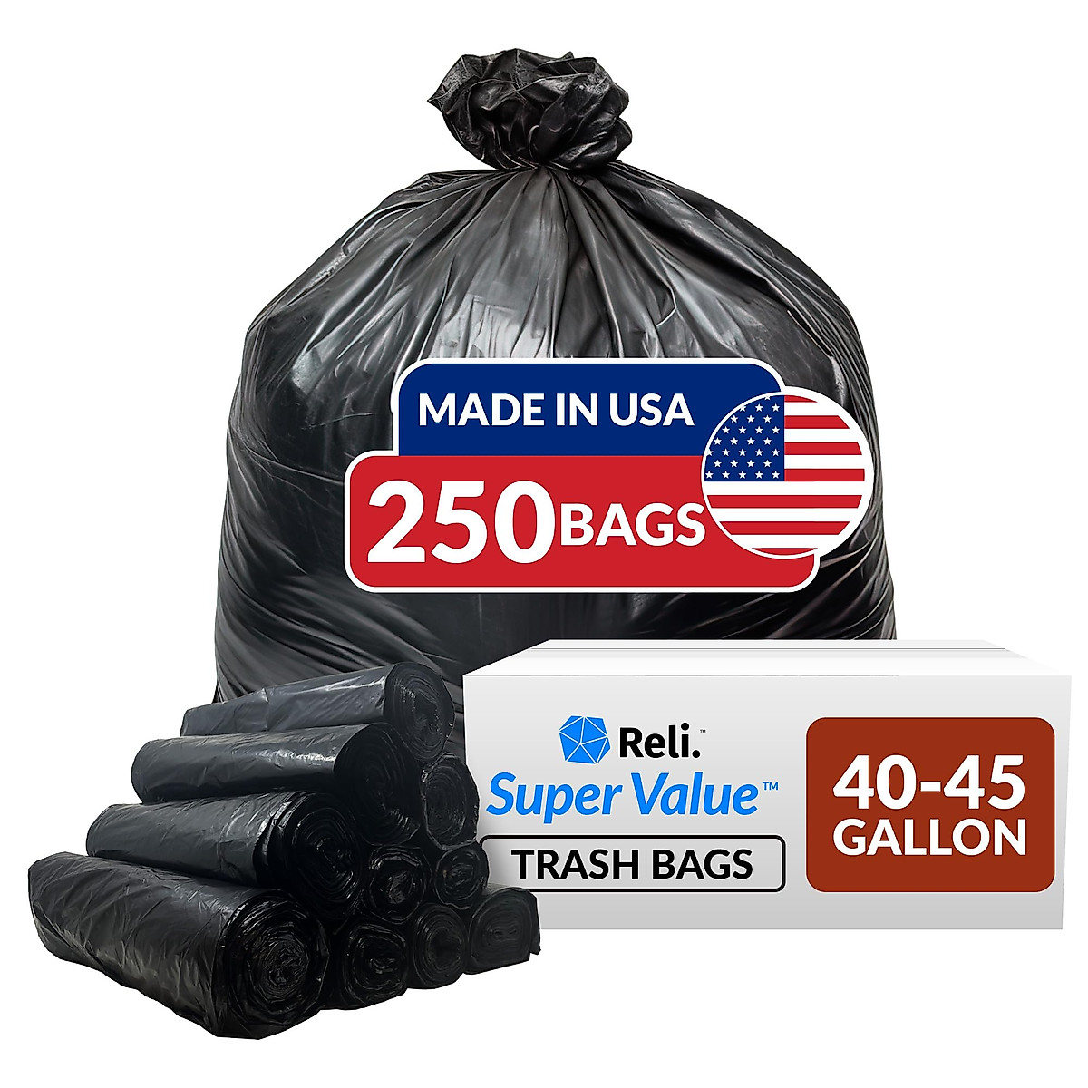 Reli. SuperValue 40-45 Gallon Trash Bags (250 Count Bulk), Made in USA | Black Large Garbage Bags - 40 Gallon - 42 Gallon - 44 Gallon - 45 Gallon Large Trash Bag Can Liners 40-45 Gal Capacity