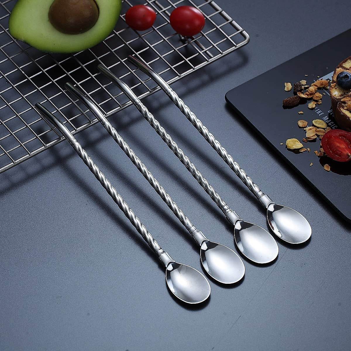 Iced Tea Spoon With Straw Handle For Drinking, 4 Pieces 8.7" Stainless Steel Long Handle Bar Spoon Silverware For Mixing and Stirring (4 Packs)