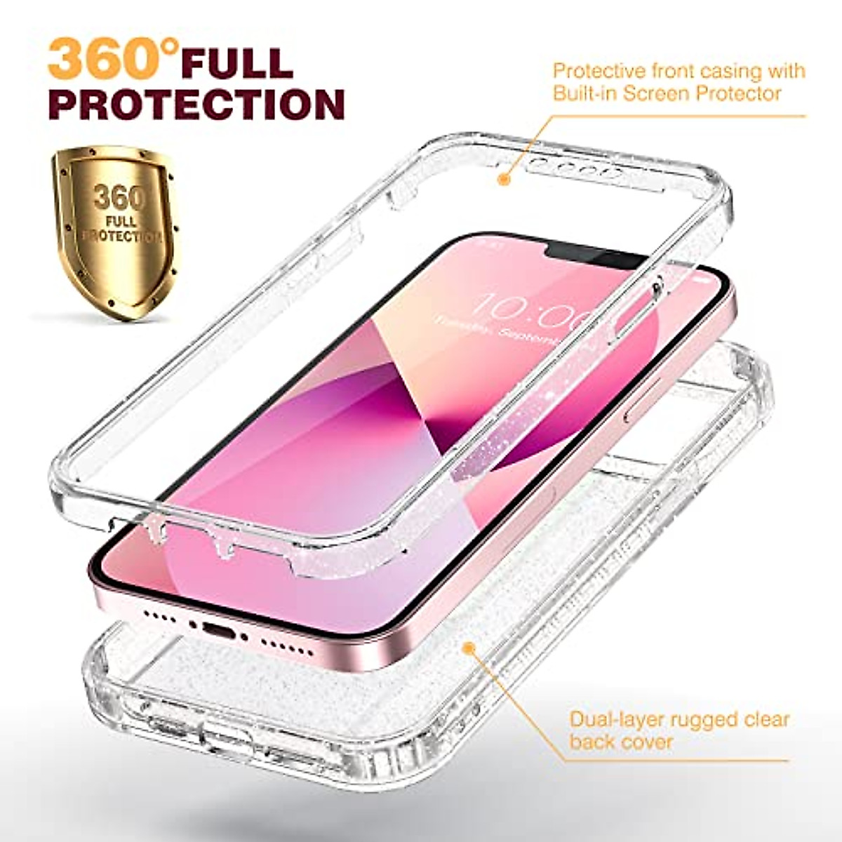 Diaclara Designed for iPhone 13 Case, Full Body Rugged Case with Built-in Touch Sensitive Anti-Scratch Screen Protector, Soft TPU Bumper Case for iPhone 13 6.1" (Clear Glitter)