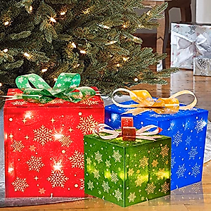 FUNPENY Set of 3 Christmas Lighted Gift Boxes, 50 LED Christmas Box Decorations, Presents Boxes (Snowflake)